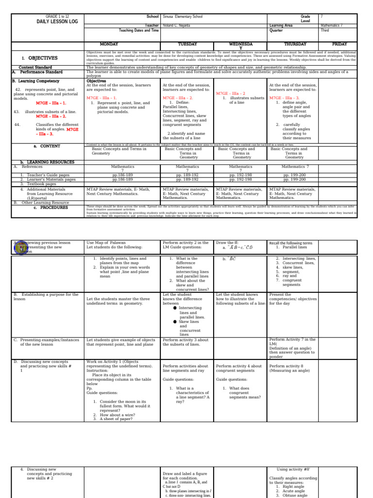 DLL Math Grade7 Quarter3 Week1 | PDF | Line (Geometry) | Mathematics