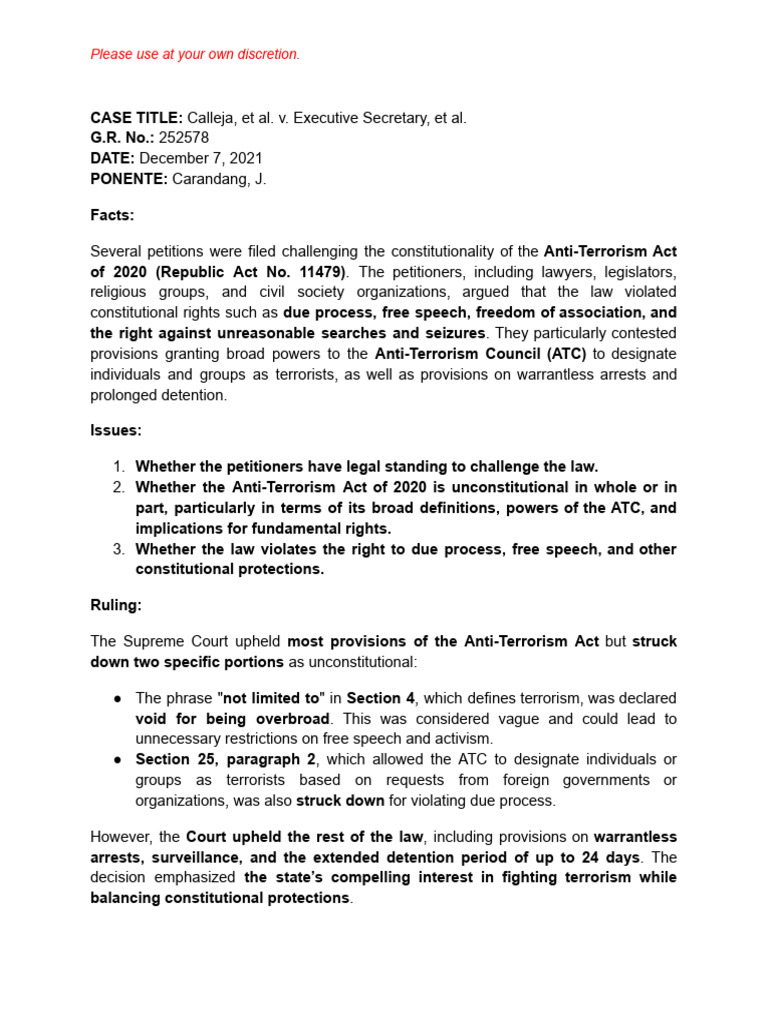Anti-Terrorism Act Ruling Summary | PDF | Standing (Law) | Overbreadth ...