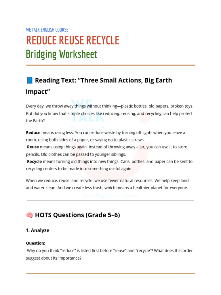 WORKSHEET HOTS For Grade 5 | PDF | Recycling | Waste
