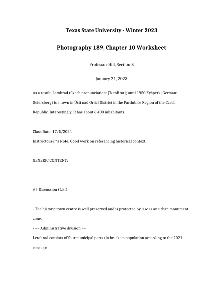 Photography 189 Chapter 10 Worksheet | PDF