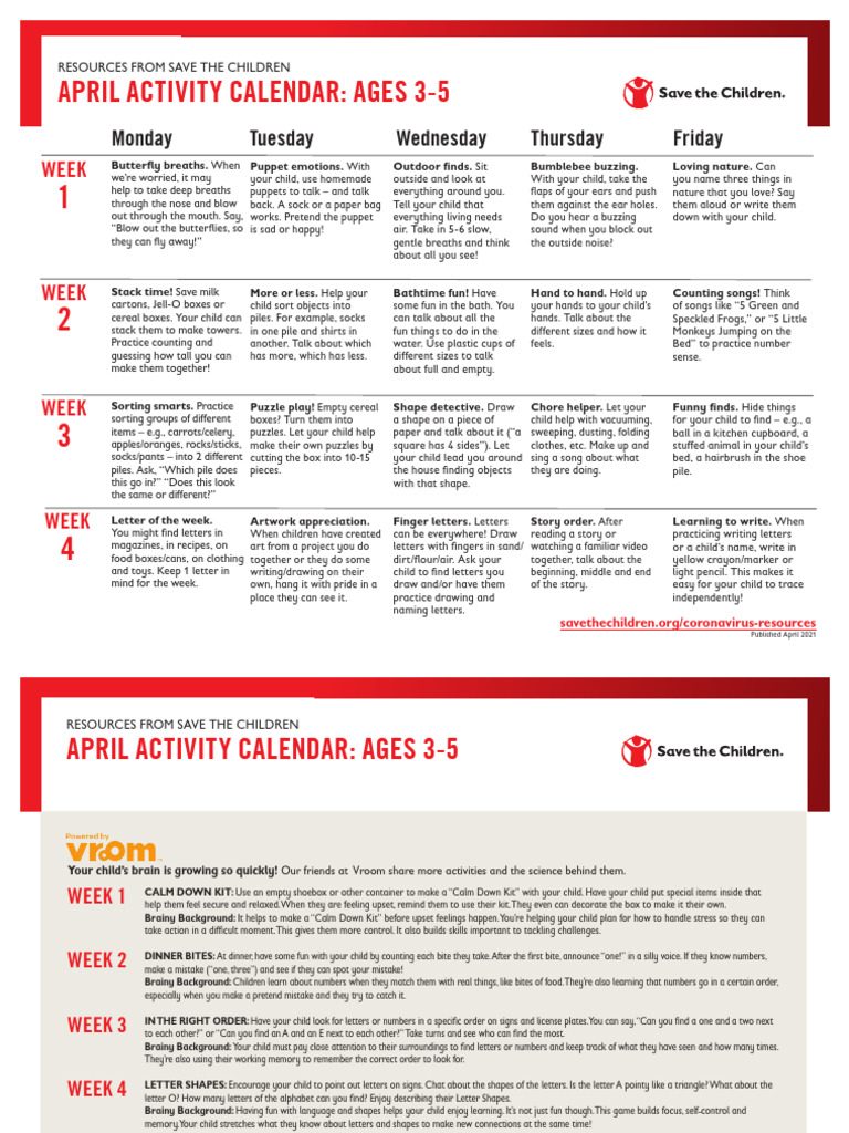 April Monthly Learning Activities Ages 3 to 5 | PDF