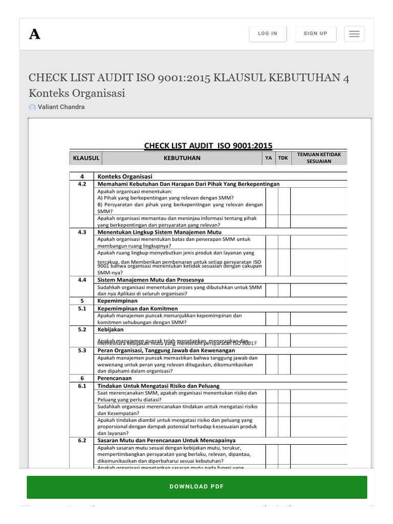 Checklist Audit ISO 9001:2015 | PDF
