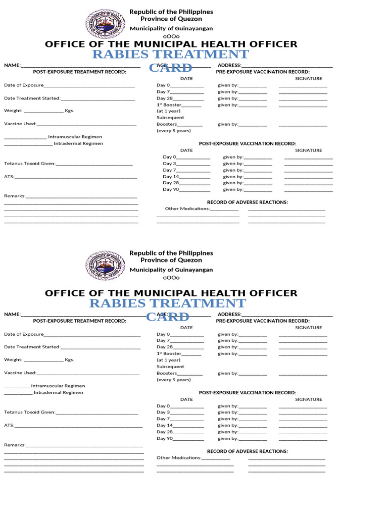 Rabies Treatment Card Form | PDF | Medicine | Health Sciences