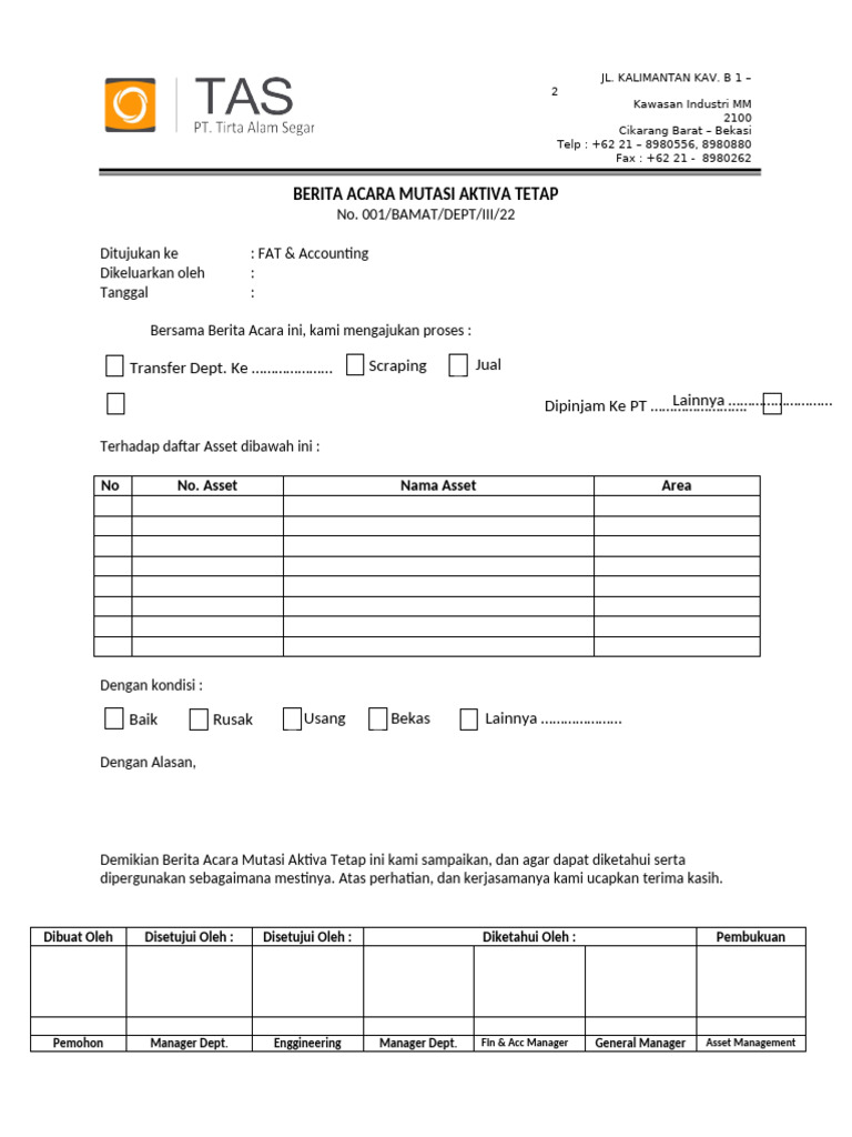 Format Berita Acara Mutasi Aktiva Tetap | PDF