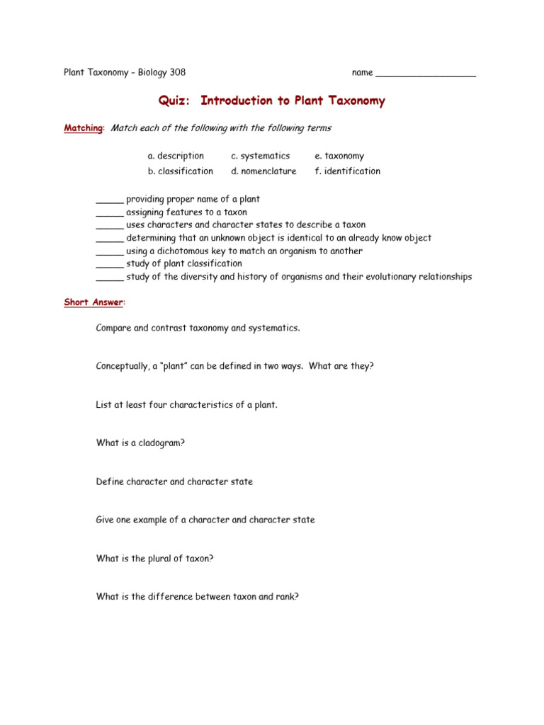 Quiz1 - Introduction To Plant Taxonomy | PDF | Taxonomy (Biology) | Taxon