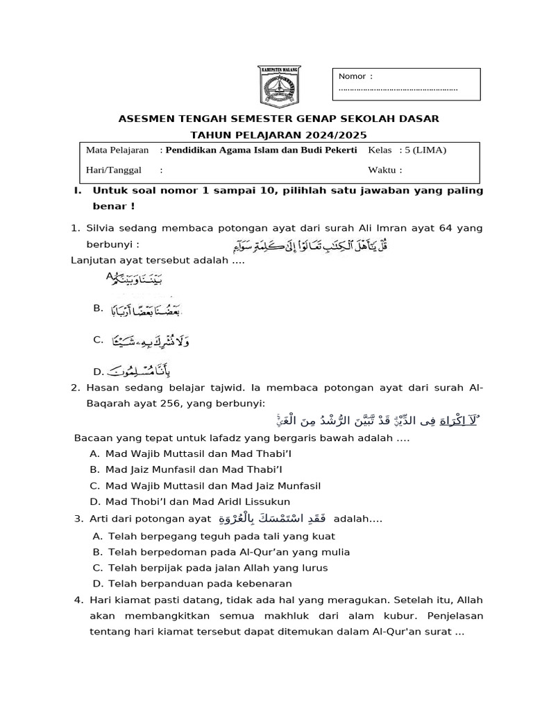 Soal STS Genap Pai Kelas 5 2025 | PDF