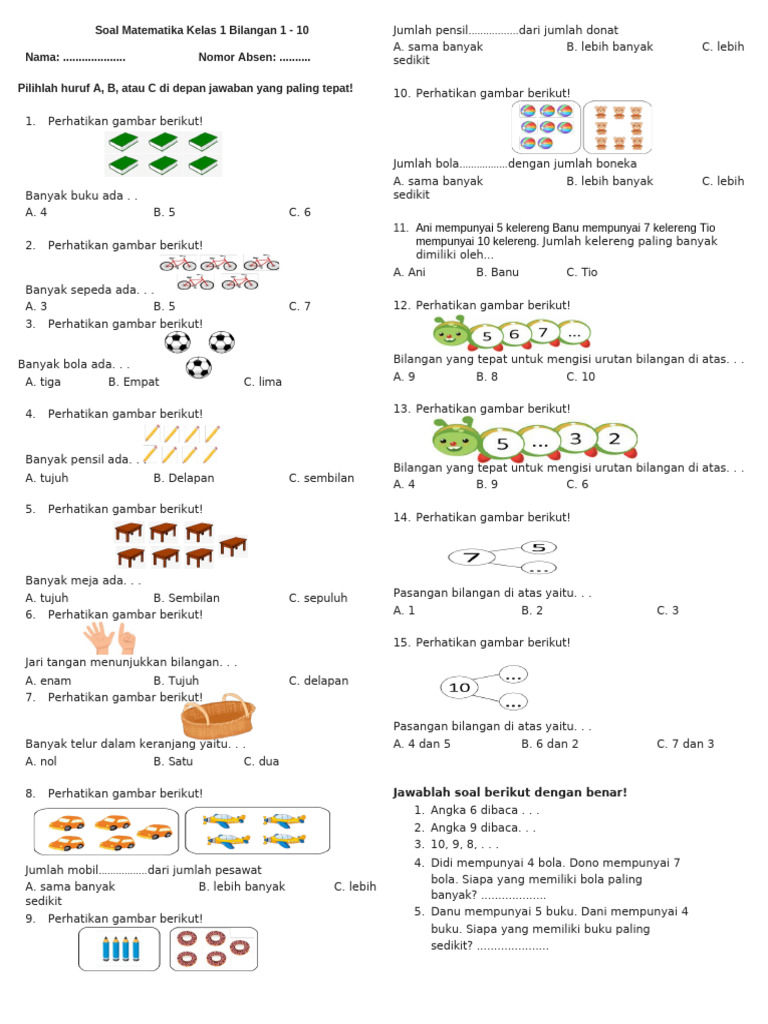 UH Matematika Kelas 1 Ayo Membilang Sampai Dengan 10 | PDF