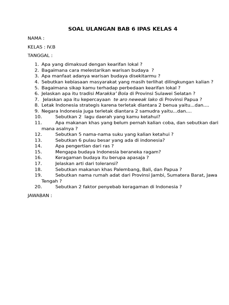 Soal Ulangan Bab 5 Ipas Kelas 4 - Salin | PDF