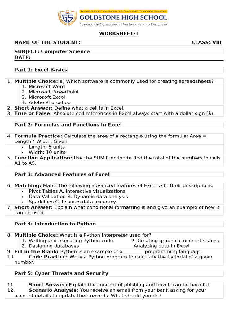 Computer Worksheet Grade VIII | PDF | Microsoft Excel | Computer ...