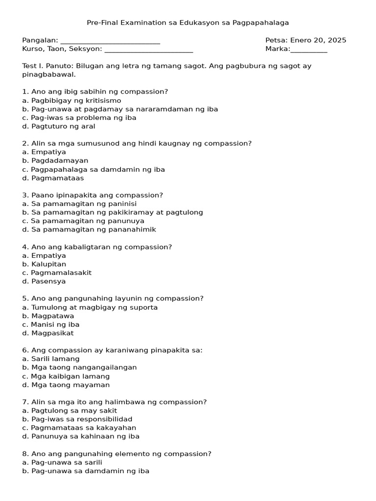 Pre-Final Exam in Values Education 2024-2025 | PDF