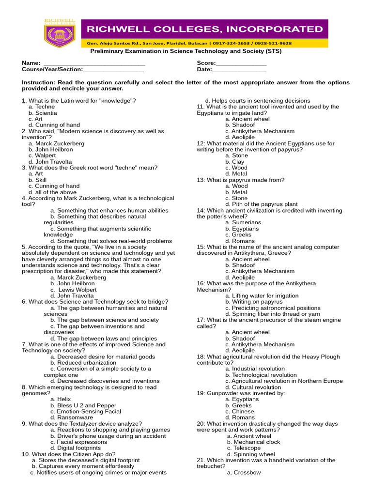 Preliminary Exam in STS 2024 - 2025 | PDF | Science