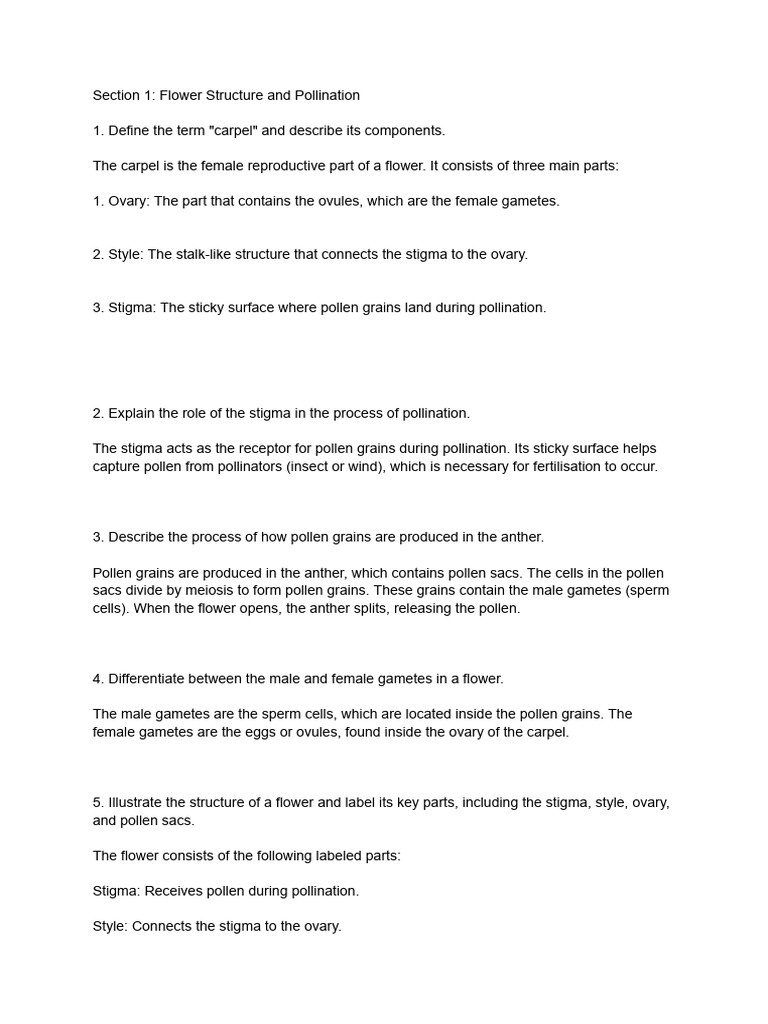 Section 1 - Flower Structure and Pollination Ans | PDF | Reproduction ...