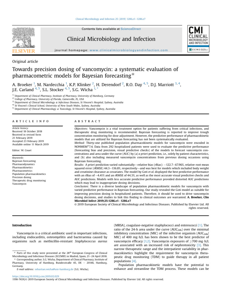 Towards precision dosing of vancomycin: a systematic evaluation of pharmacometric models for ...