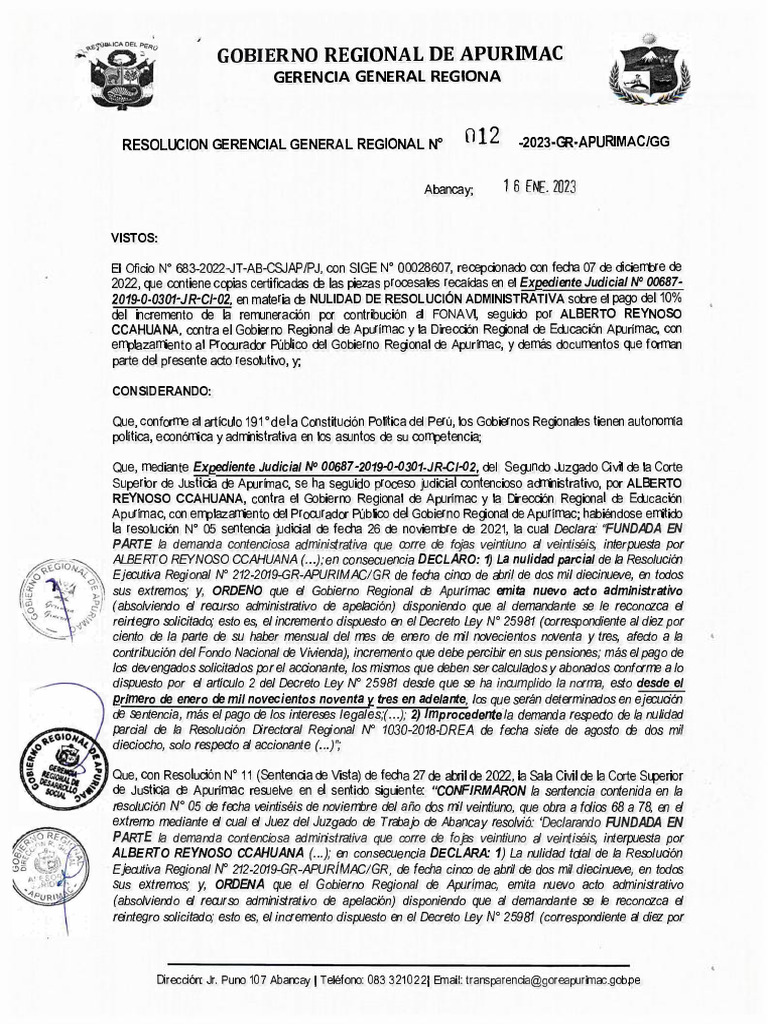 Resolucion Gerencial General Regional N°012-2023-Gr-Apurimacgg | PDF ...