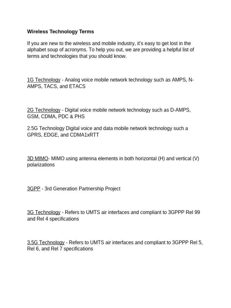 wireless technology terminology | PDF | Cellular Network | Lte (Telecommunication)