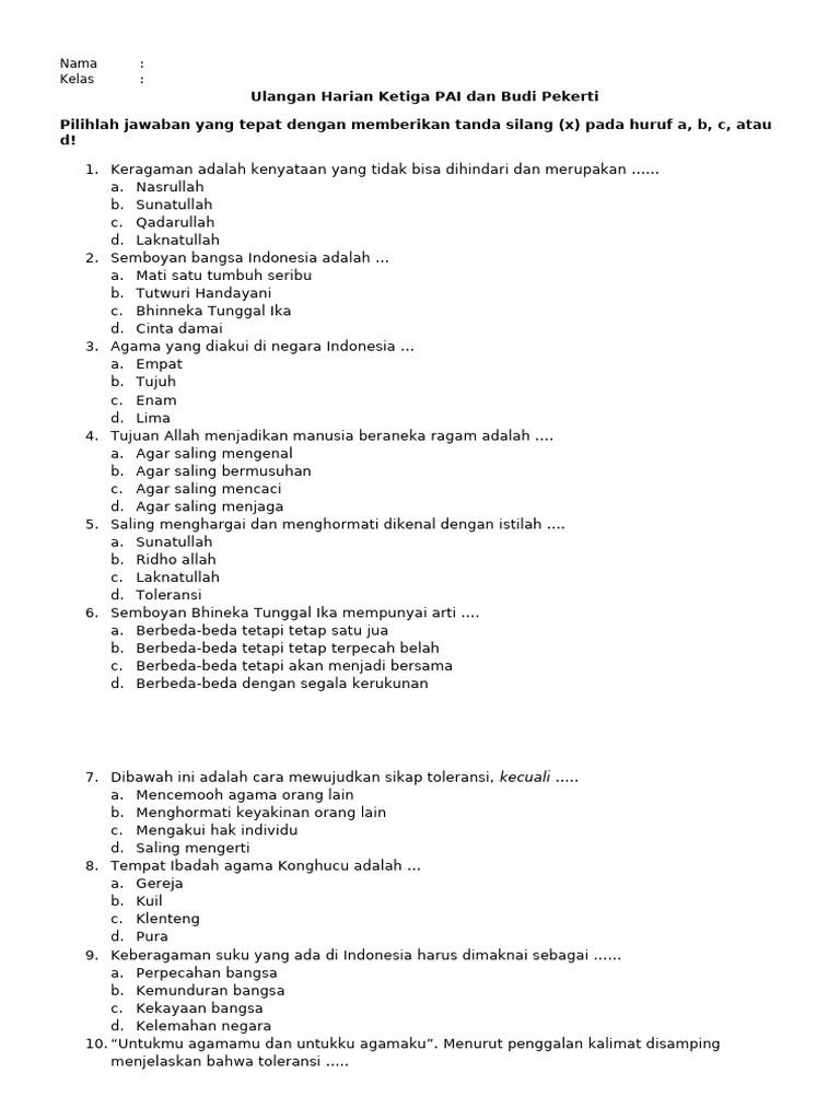 Ulangan Harian Bab 3 PAI Dan Budi Pekerti | PDF