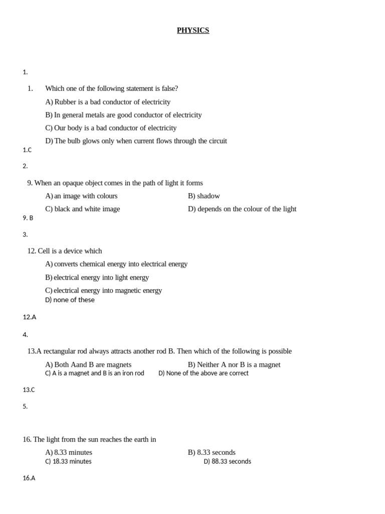 Physics Quiz: Concepts and Principles | PDF