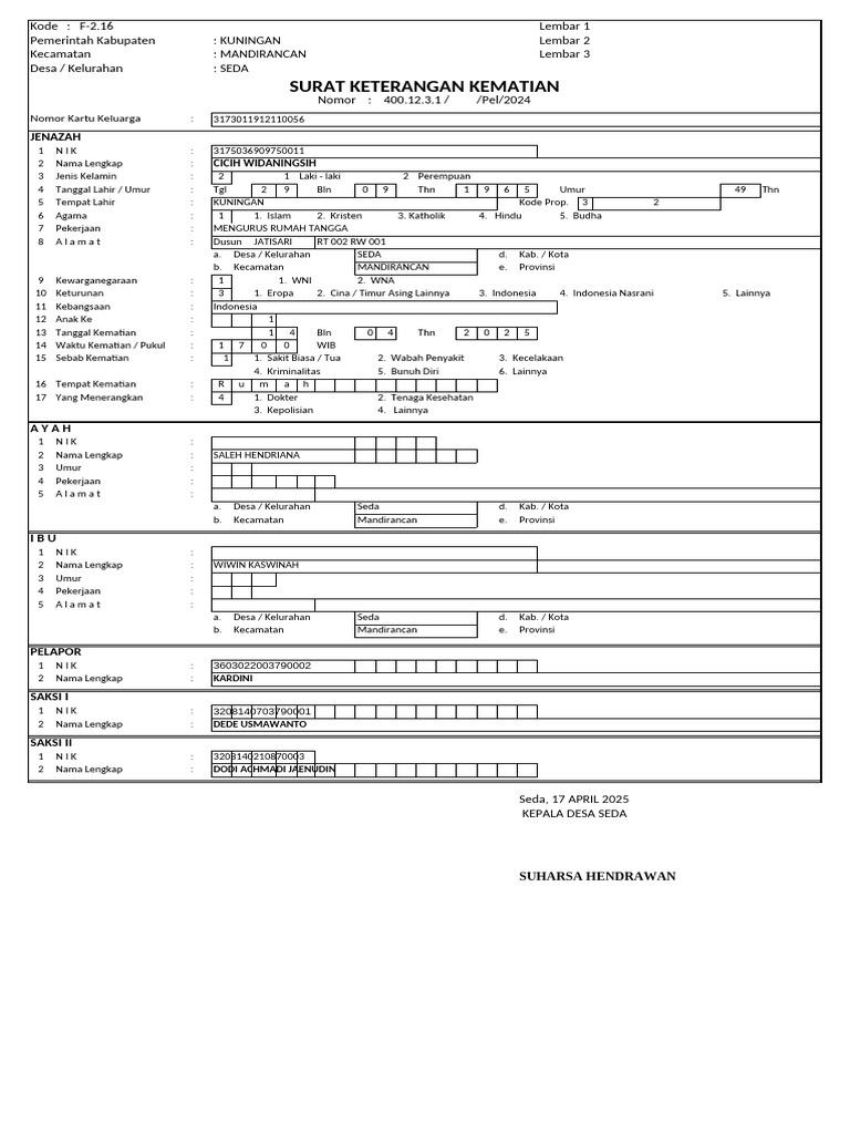 Form Surat Kematian | PDF