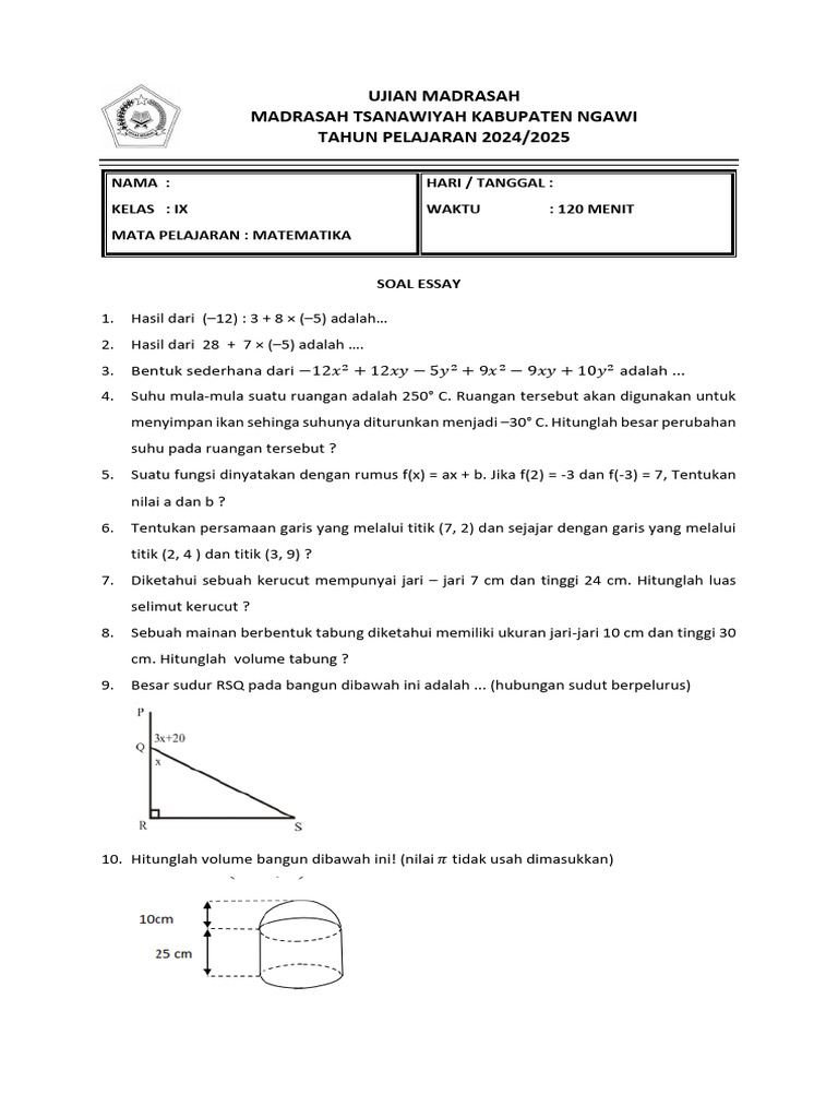 Soal Um Matematika Ix 2024-2025 | PDF