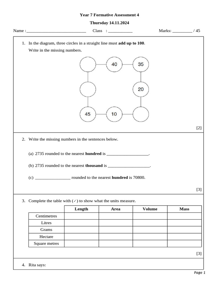 Year 7 Formative Assessment 4 - AH | PDF | Area | Circle