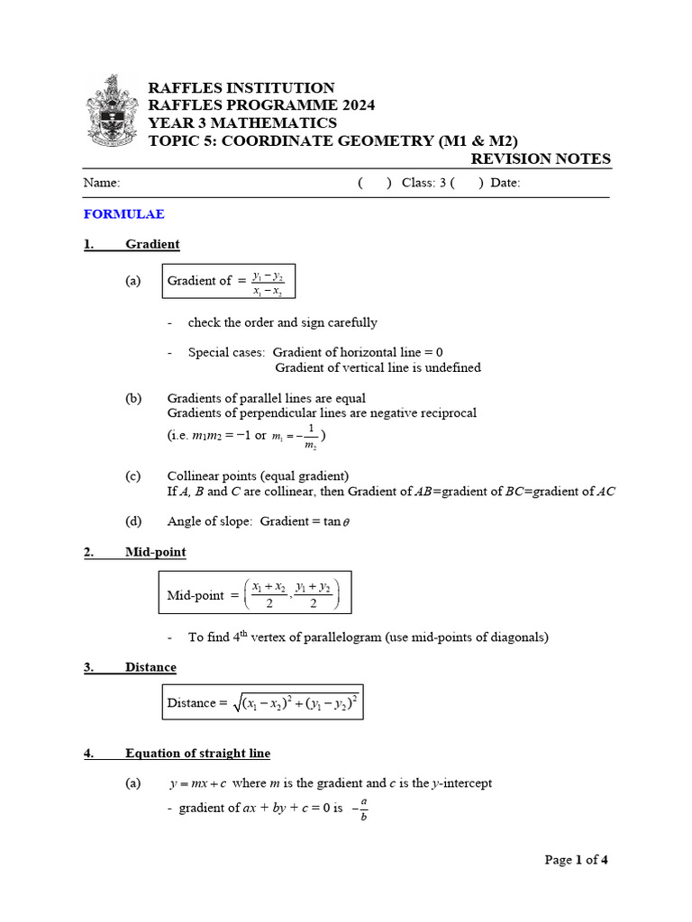 Coordinate Geometry Revision Notes | PDF | Area | Slope