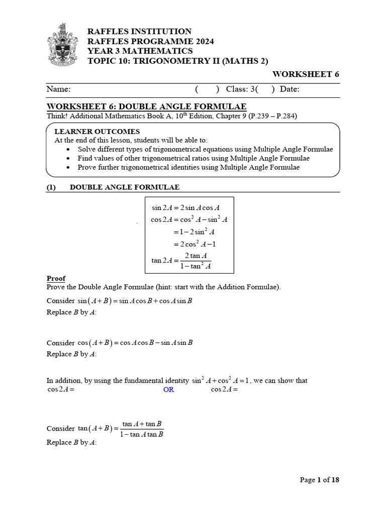 06 WS6 Double Angle Formulae PDF | PDF | Trigonometry | Trigonometric Functions