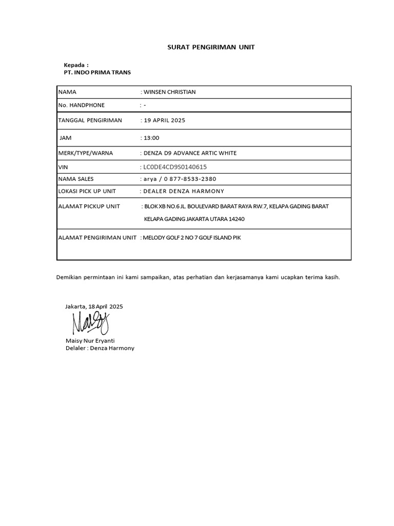 Surat Permintaan Pengiriman Unit Winsen | PDF