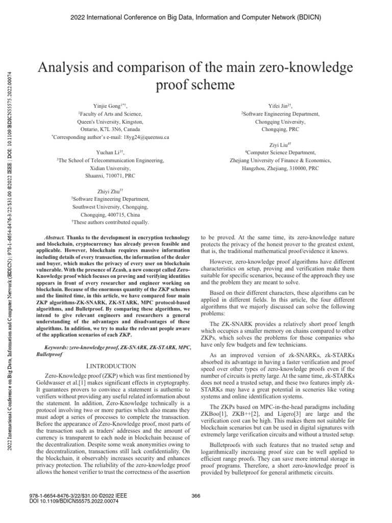 Analysis and Comparison of The Main Zero-Knowledge Proof Scheme | PDF ...