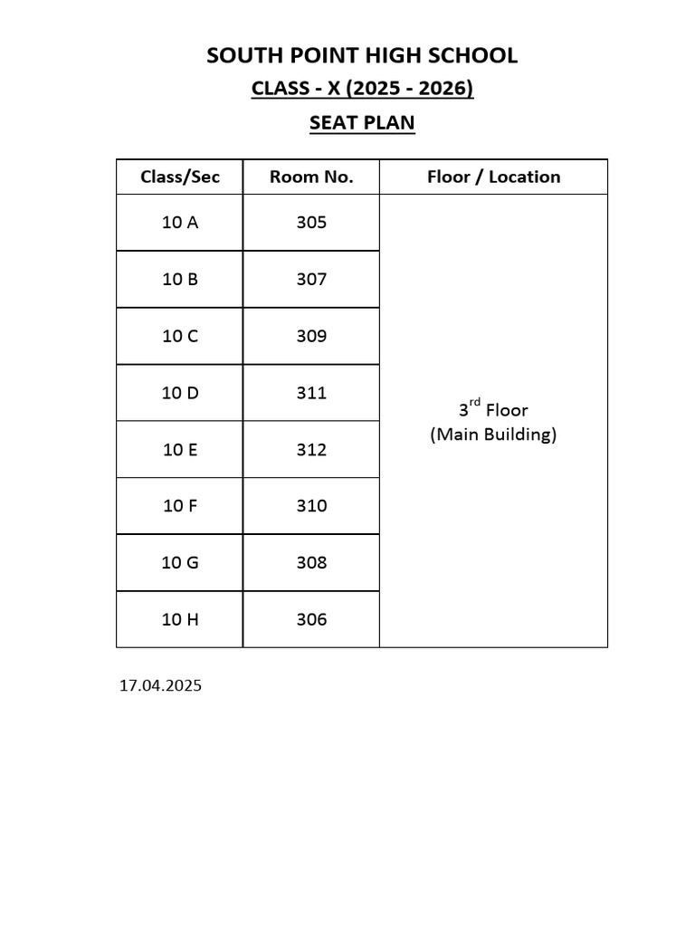 Class X Seat Plan - South Point High School | PDF