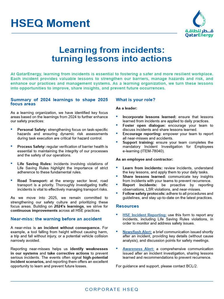 HSEQ Moment - Learning From Incidents - Guidelines | PDF | Safety | Risk