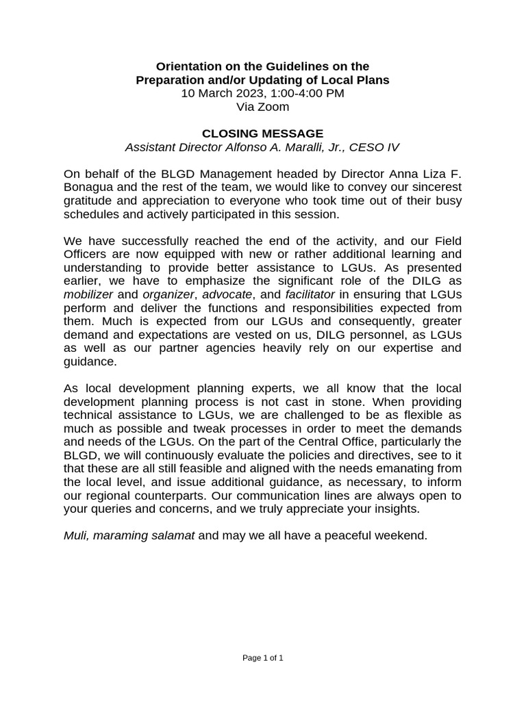 Closing Message - Orientation On The Updating of Local Plans - v2 | PDF