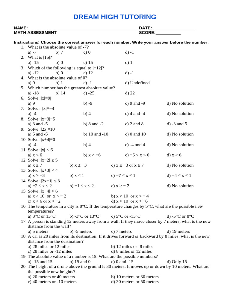 Absolute Value Math Assessment | PDF