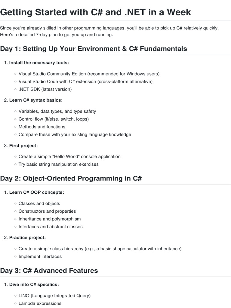 Getting Started With C And Net In A Week Pdf C Sharp Programming Language Language