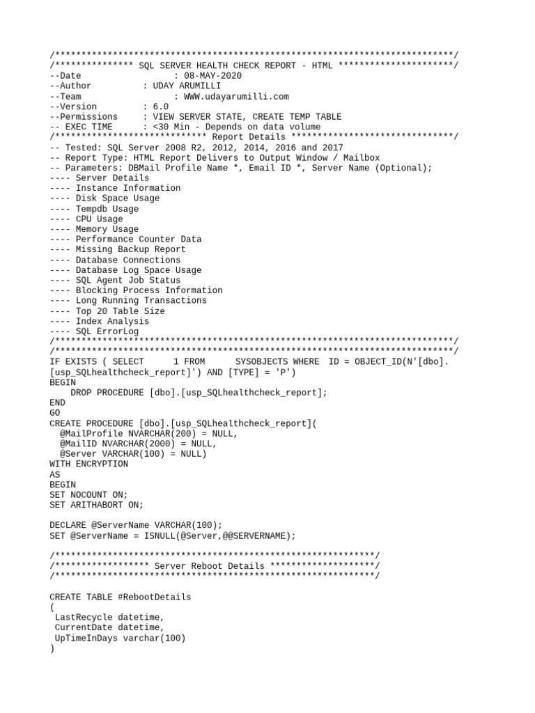 SQL - SERVER - Health Check Report by Uday Uramlli | PDF | Cache ...