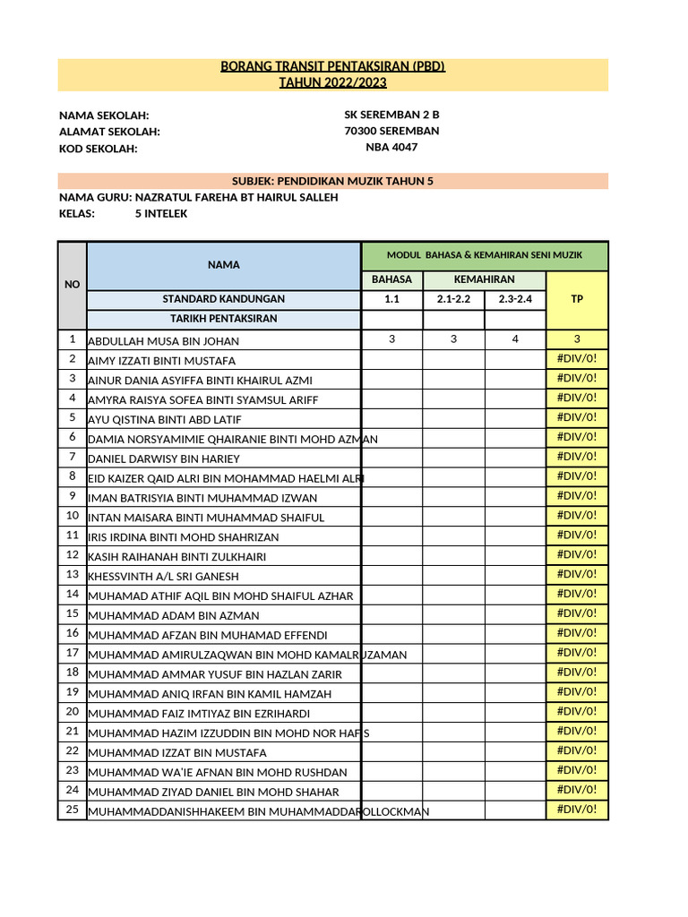 PBD Music Assessment Form 2022/2023 | PDF
