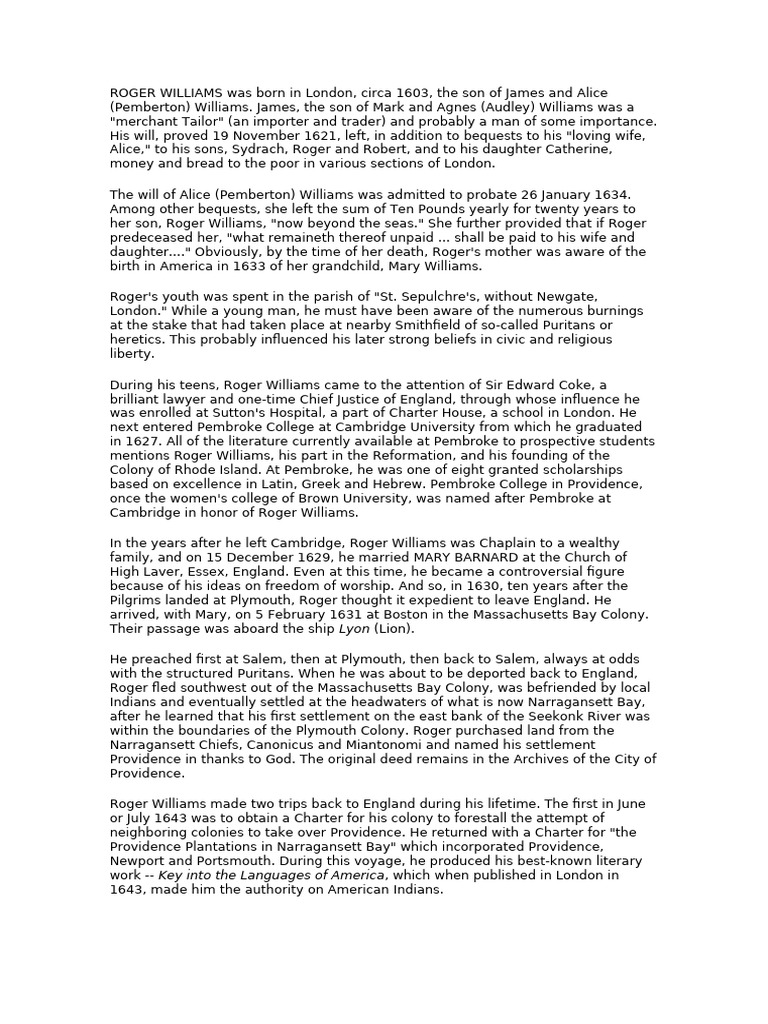 Roger Williams: Early Life Overview | PDF | Rhode Island | Plymouth Colony