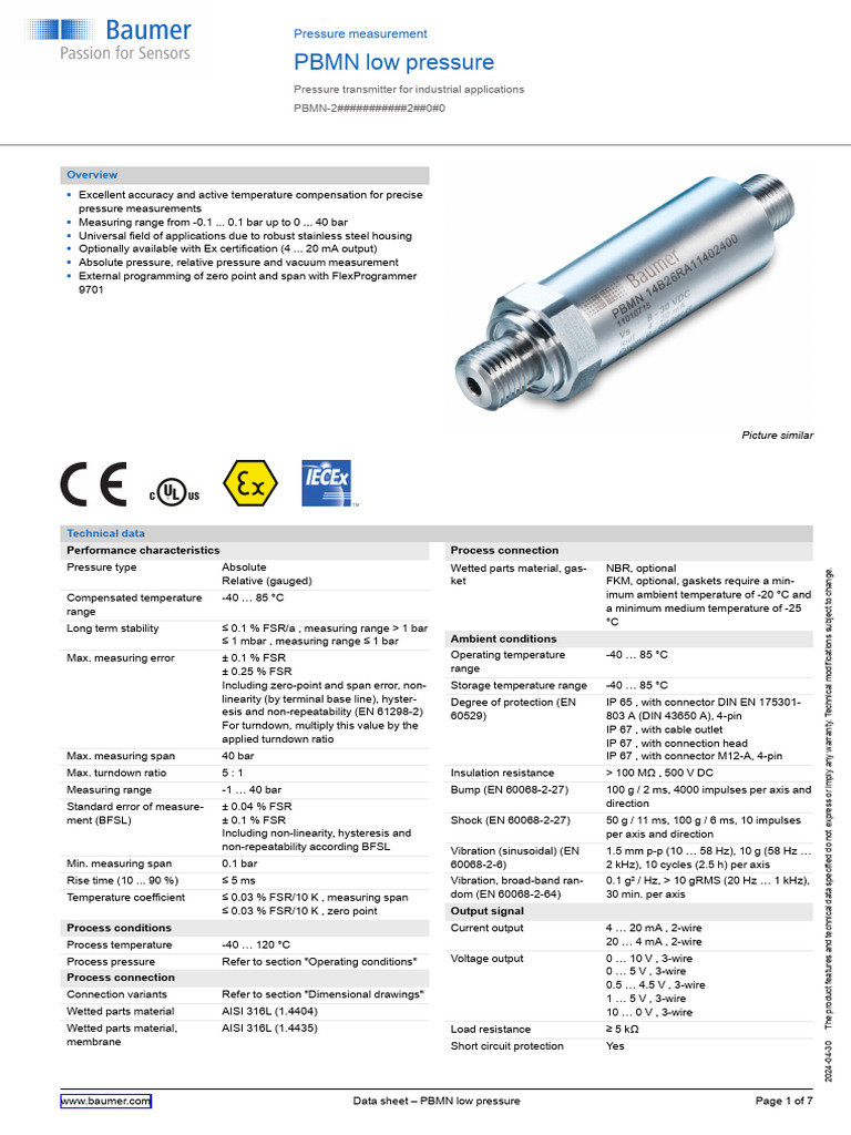 Baumer PBMN-low-pressure EN 20240430 DS | PDF | Electronics | Electricity