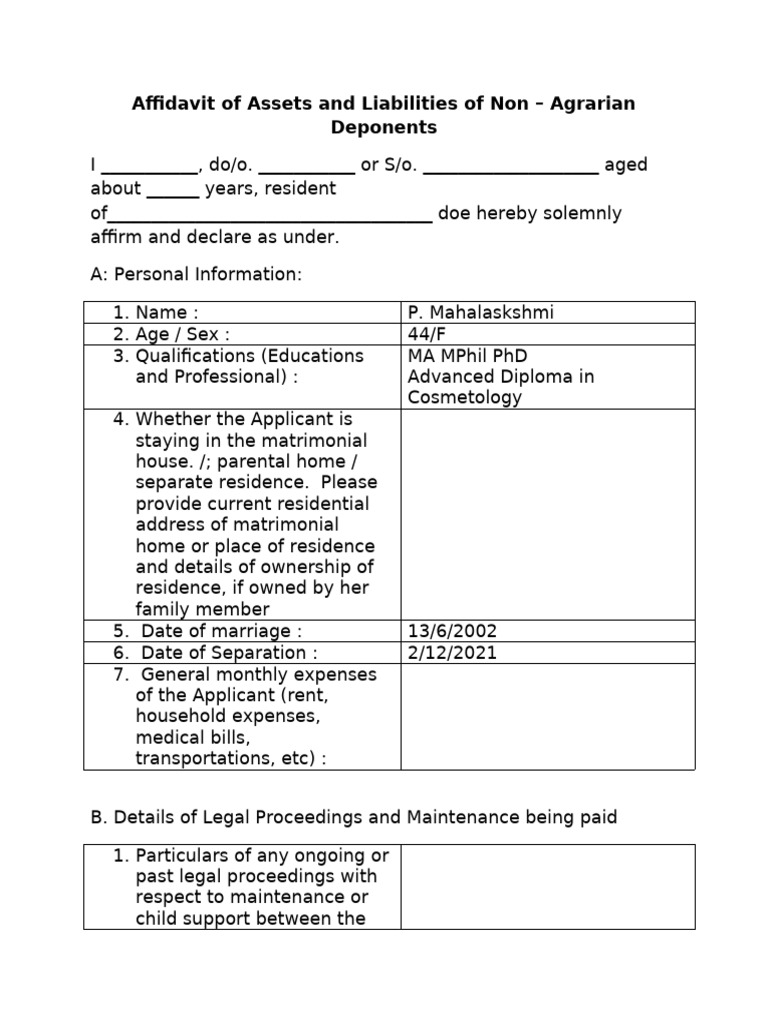 Affidavit of Assets and Liabilities of RNon | PDF | Expense | Affidavit
