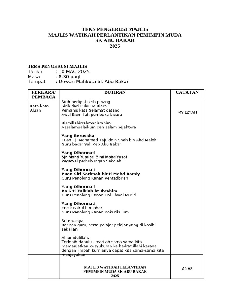 TEKS PENGERUSI MAJLIS WATIKAH PELANTIKAN | PDF