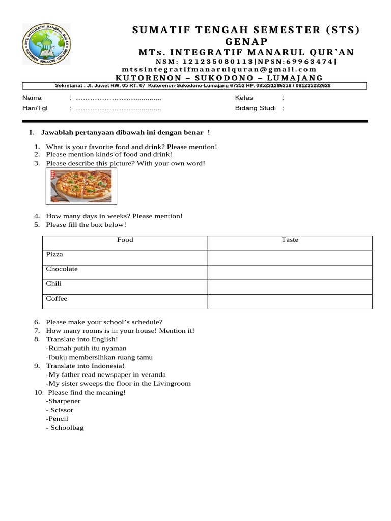 Form Soal STS MTS | PDF