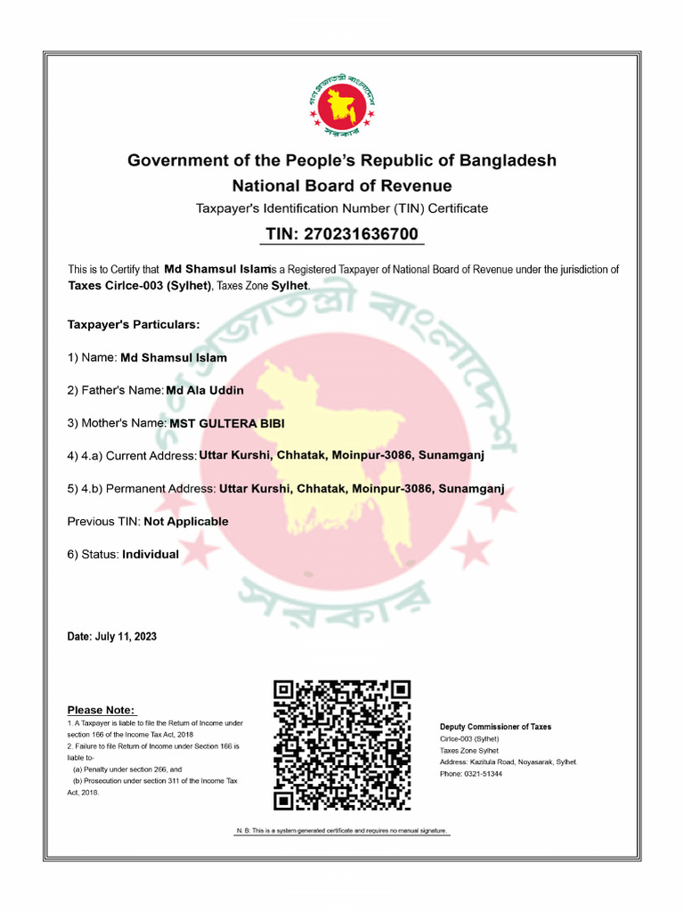 Tin Certificate-1 | PDF