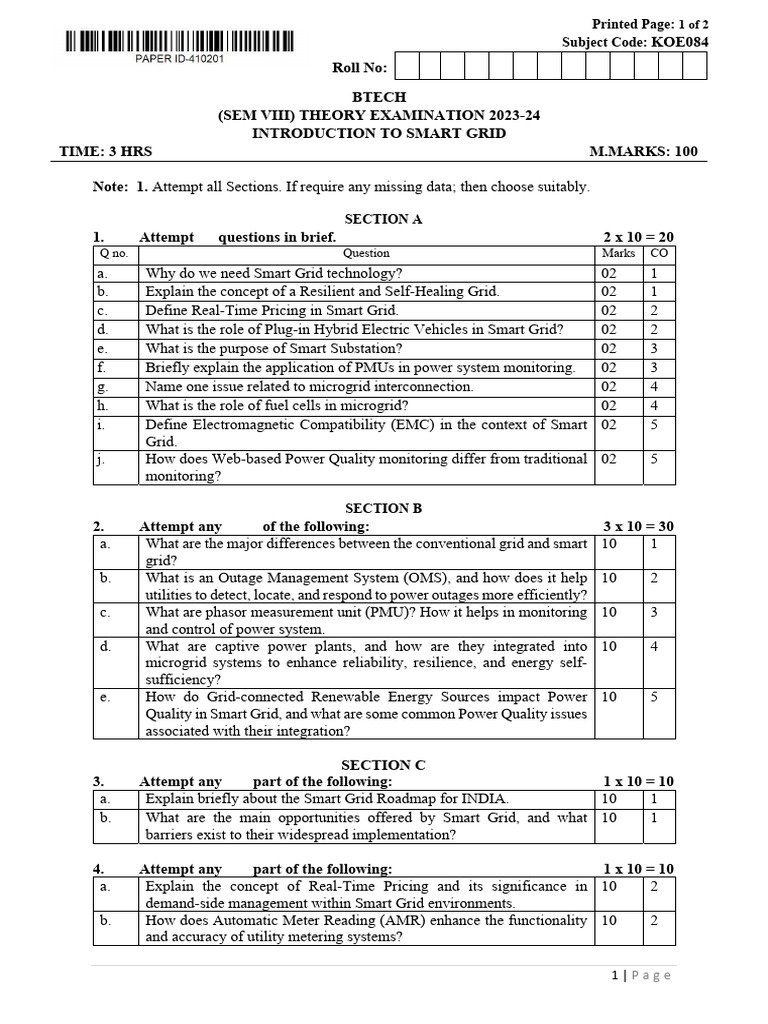 Smart Grid Exam Paper KOE084 | PDF | Smart Grid | Electrical Grid