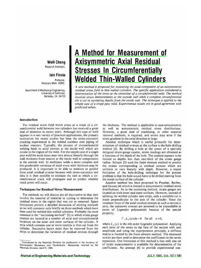 1985 CHENG Measurement of Axisymmetric Axial RS | PDF | Stress ...