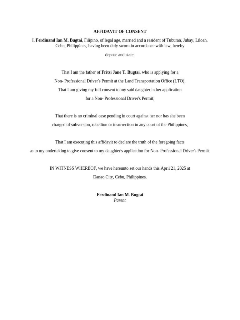 Affidavit of Consent for Driver's Permit | PDF