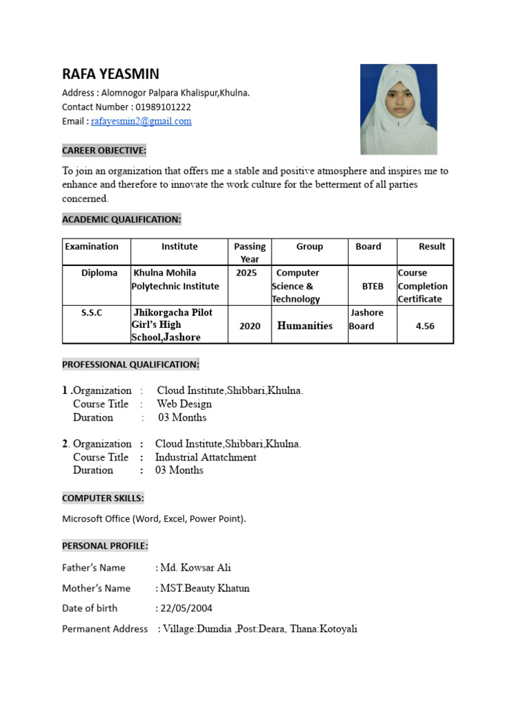 Rafa Yeasmin CV | PDF