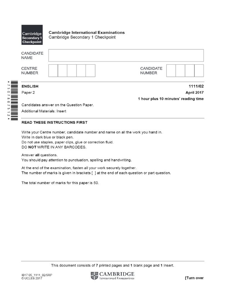 Cambridge Secondary Checkpoint - English (1111) April 2017 Paper 2 ...