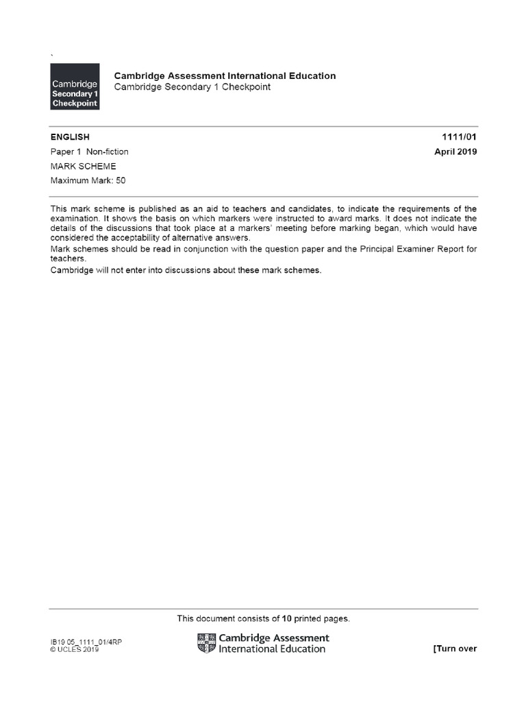 519115036 Cambridge Checkpoint English Material Mark Scheme PDF | PDF