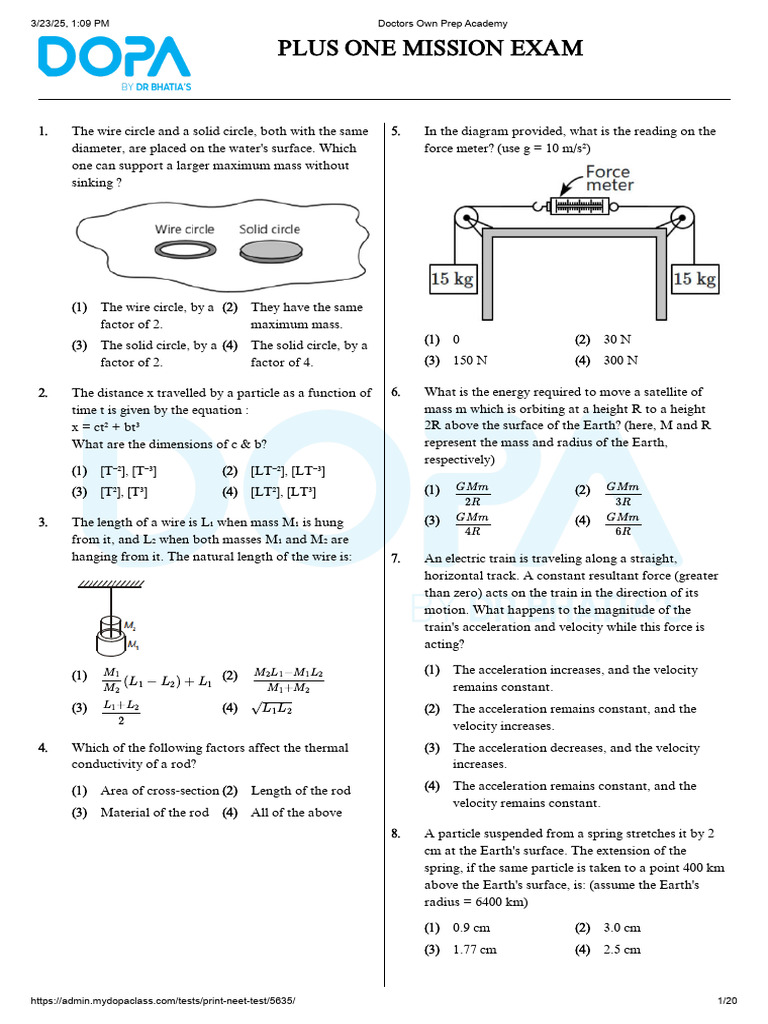 Plus One Mission Exam Que | PDF | Force | Atomic Orbital