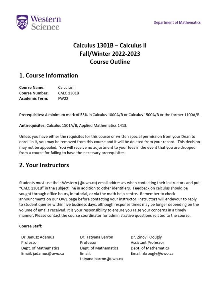 Calc 1301 Course Outline | PDF | Integral