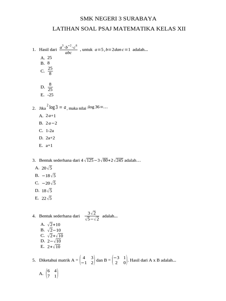 LATIHAN SOAL PSAJ MATEMATIKA 2025 | PDF
